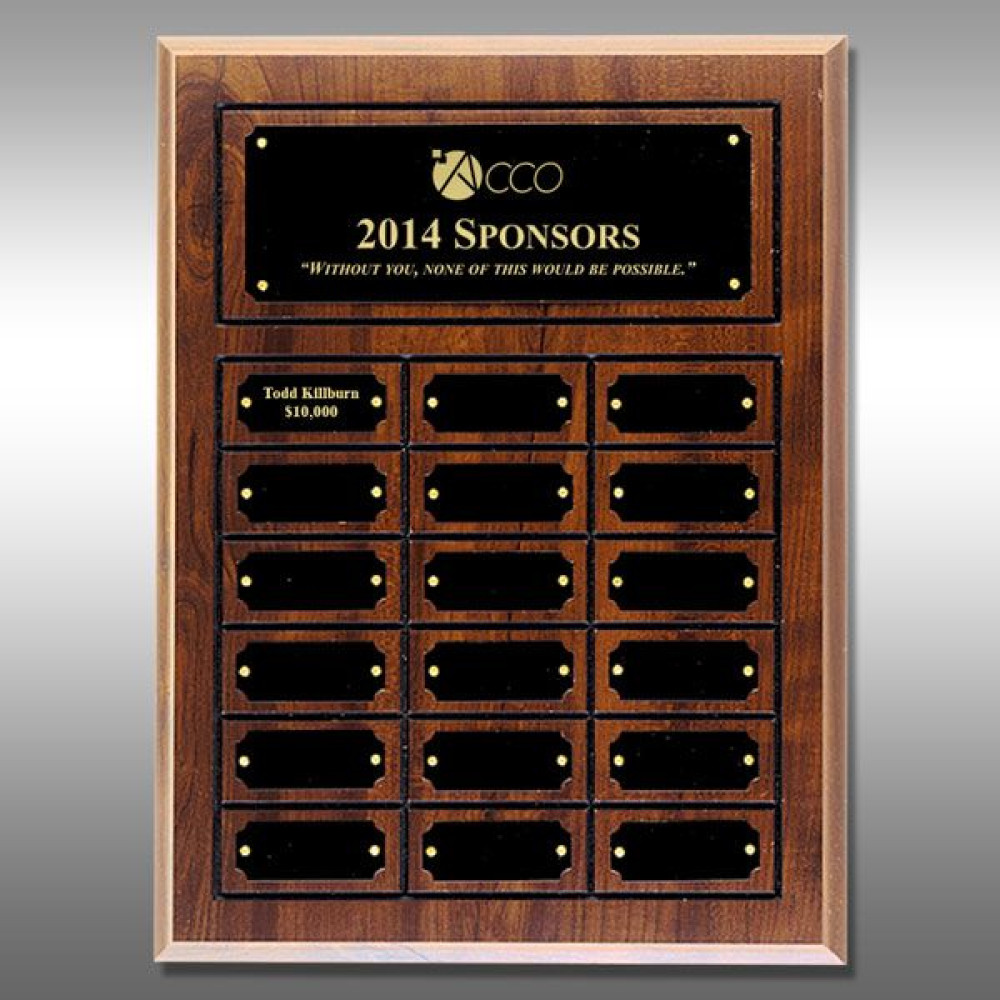 12" x 15 1/2” Cherry Finish Completed Perpetual Plaque with 18 plates
